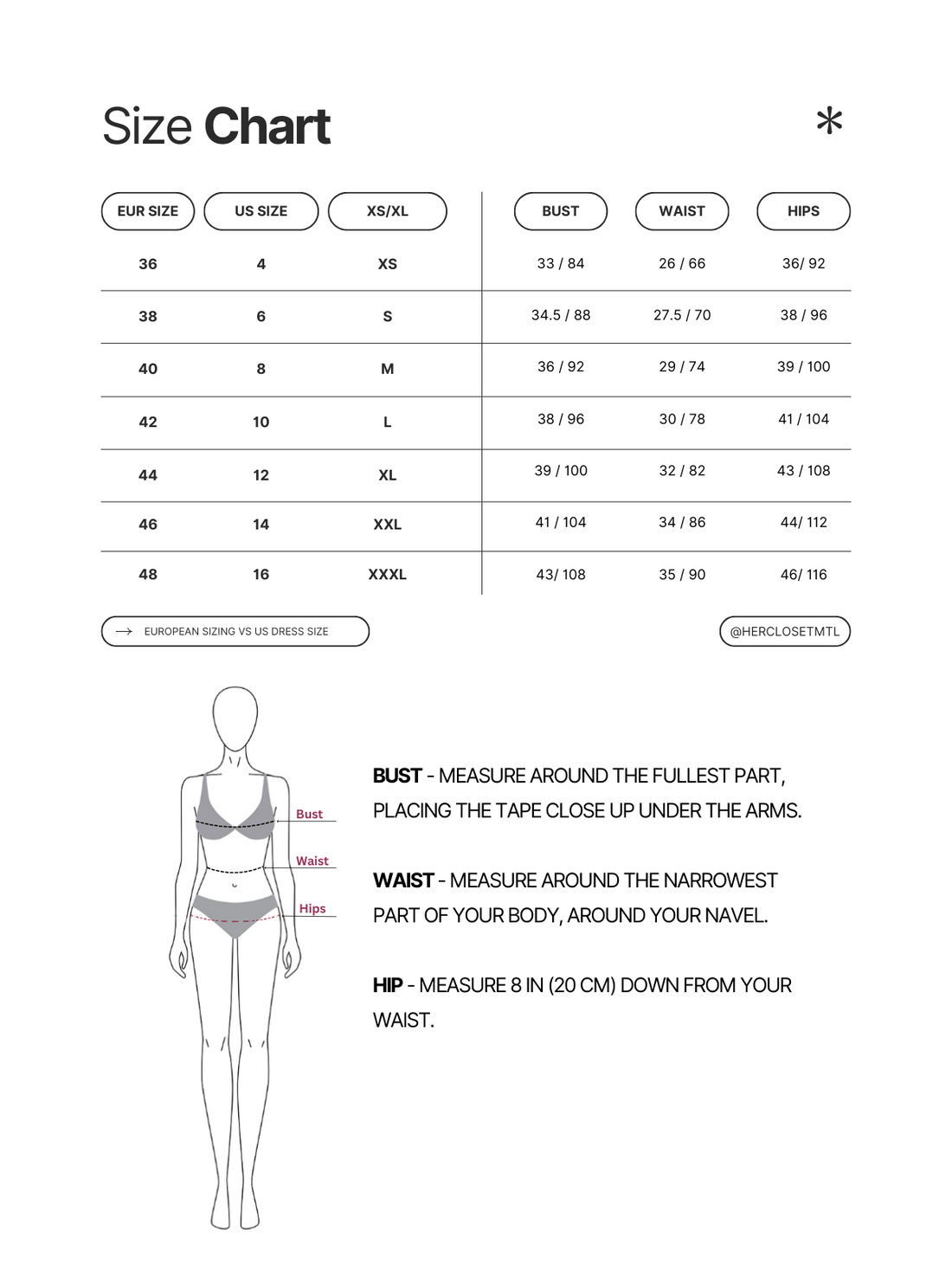 Size Guide – Her Closet Mtl inc. / Boutique Chez Elle Mtl Inc.